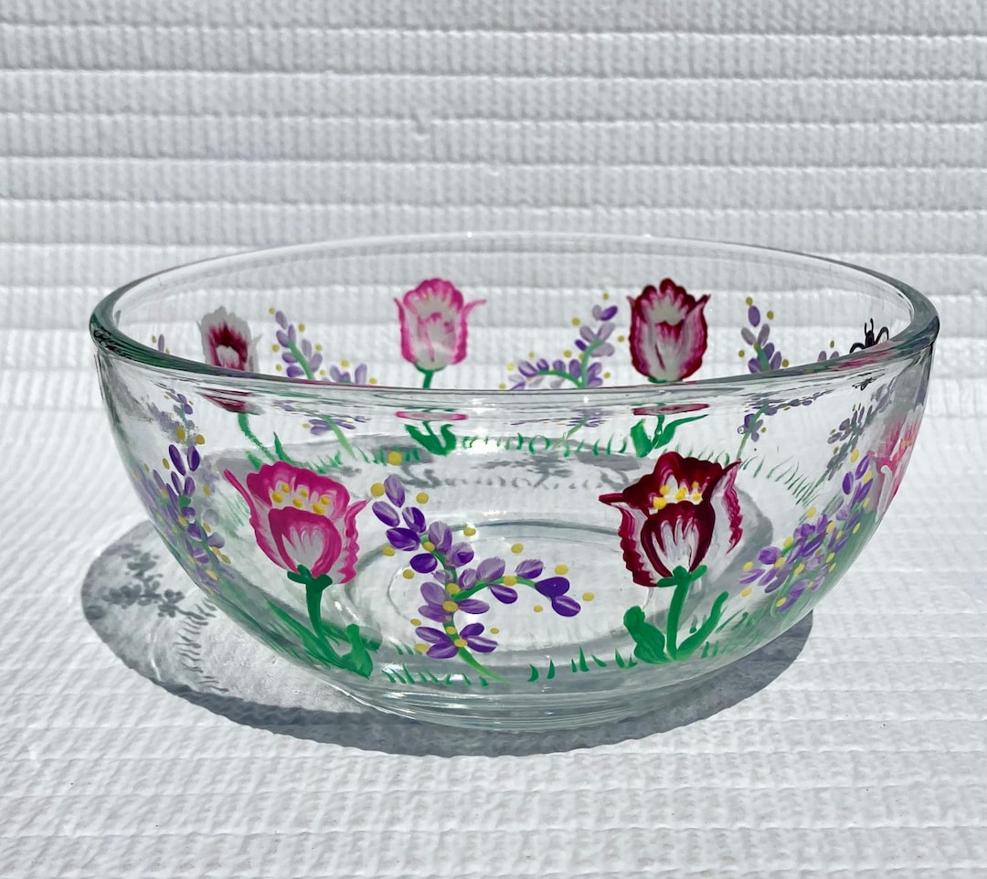 Glass Bowl Hand Painted Tulips and Spring Flowers 6 in X 3 In, Birthday ...