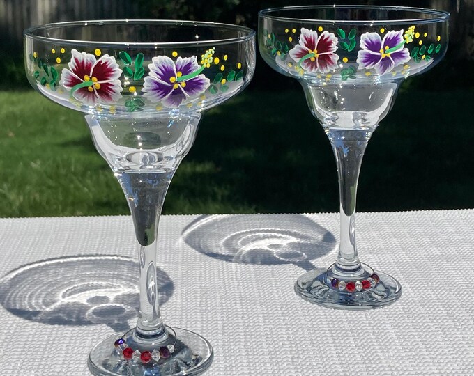 Margarita Glasses Hand Painted Flowers Set of 2-10 Oz, Christmas Gift ...