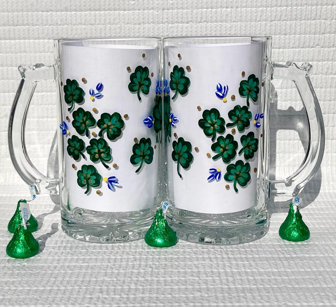 Hand Painted Shamrock Beer Mugs, Irish Stein Glasses, Set of 2, Mothers ...