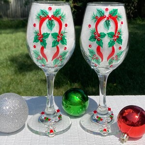 Christmas Wine Glasses Hand Painted Holly and Red Ribbons Set of 2 ...