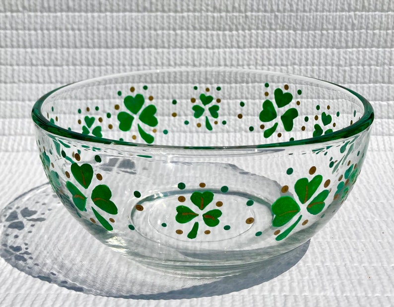 Glass Bowl Hand Painted Green Shamrocks and Gold Coins Irish - Etsy