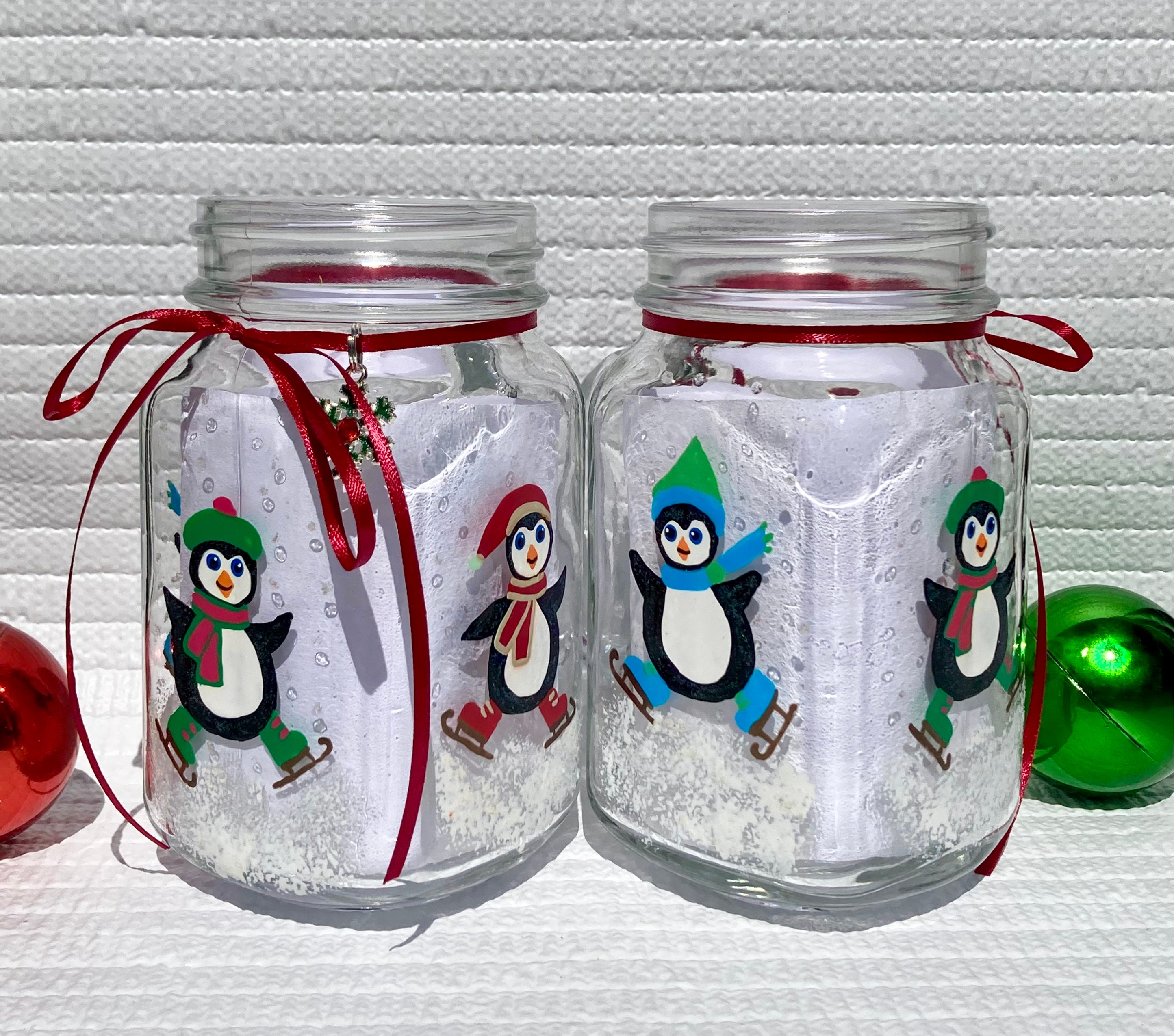 Christmas Mason Jar Mugs Hand Painted Penguins Skating in the Snow Set ...