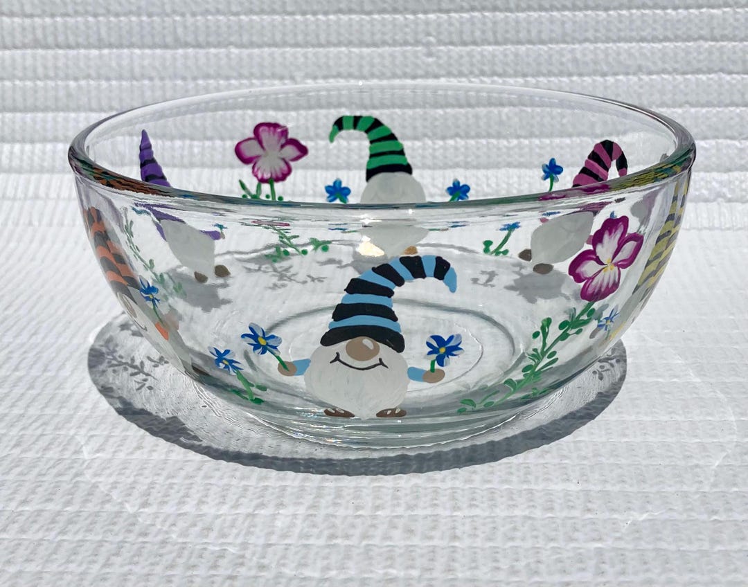 Glass Bowl Hand Painted Pastel Colored Gnomes and Flowers 6 in X 3 In ...