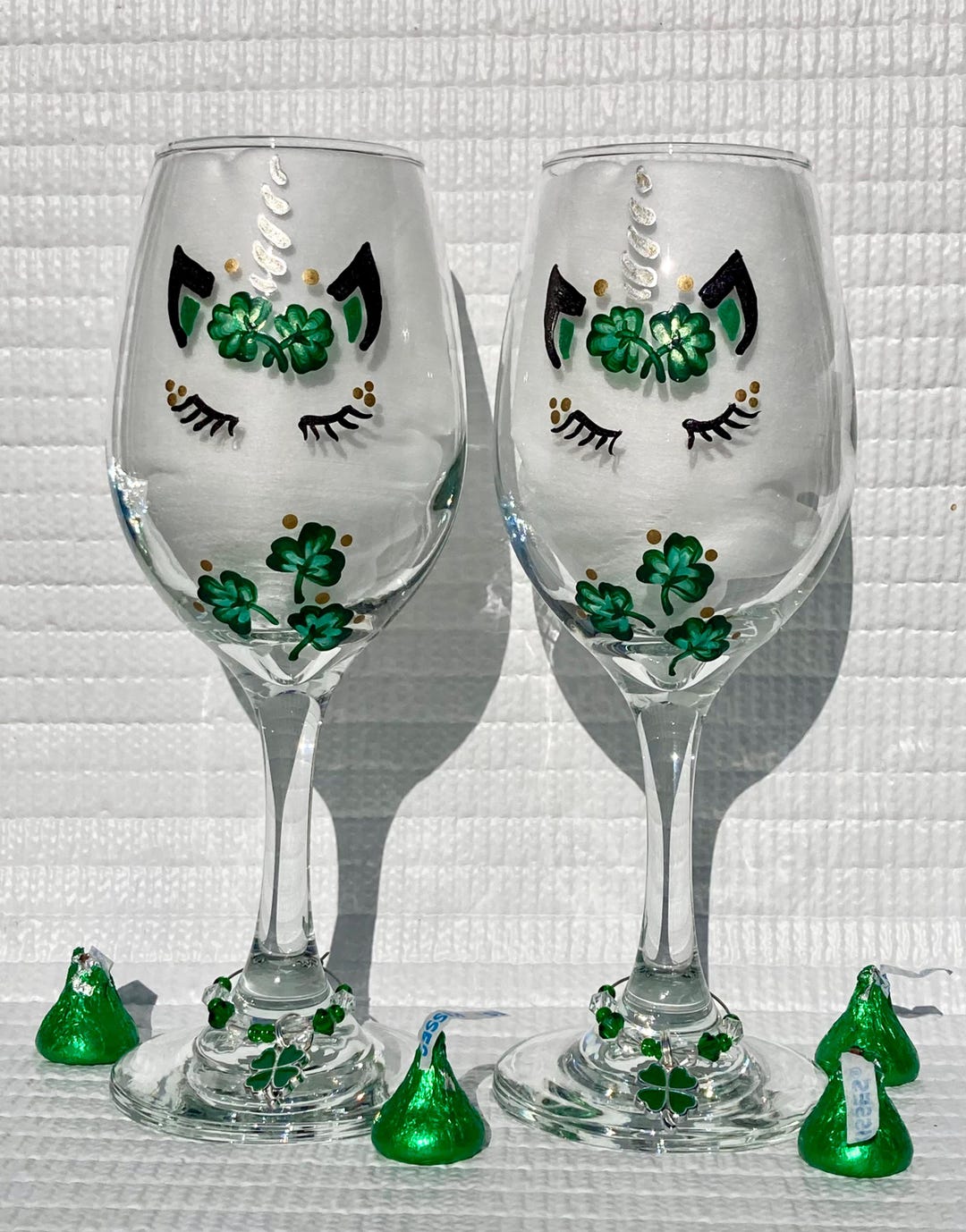 Unicorn Wine Glasses Hand Painted Shamrocks, Wine Glass Charms, St ...