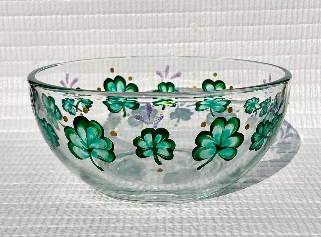 Glass Bowl Hand Painted Green Shamrocks With Purple Wisps 6 in X 3 In ...