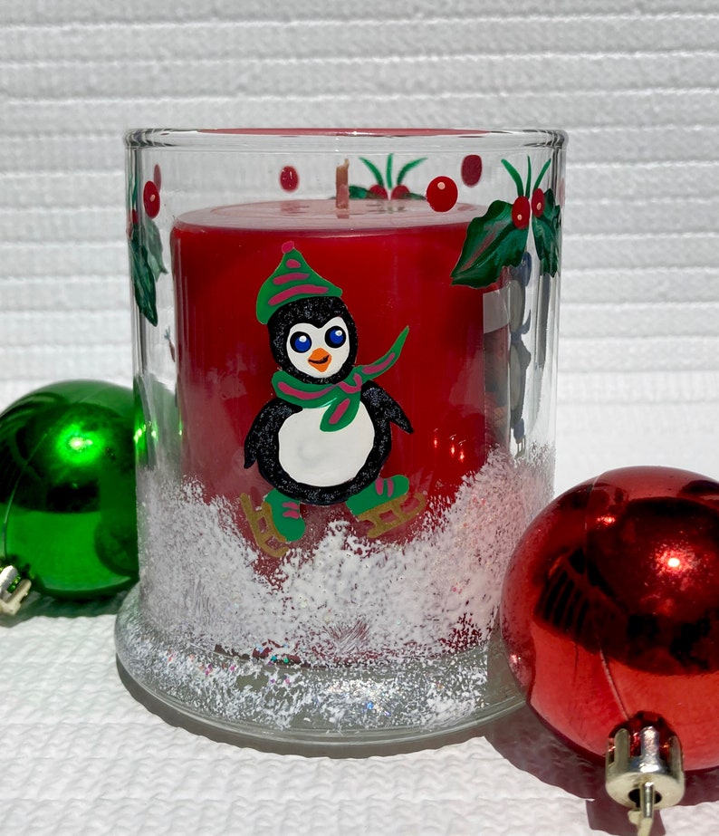 Christmas Candle Holder Hand Painted Penguins With Skates, Christmas ...