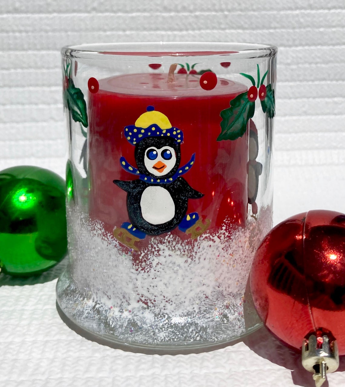 Christmas Candle Holder Hand Painted Penguins With Skates, Christmas ...