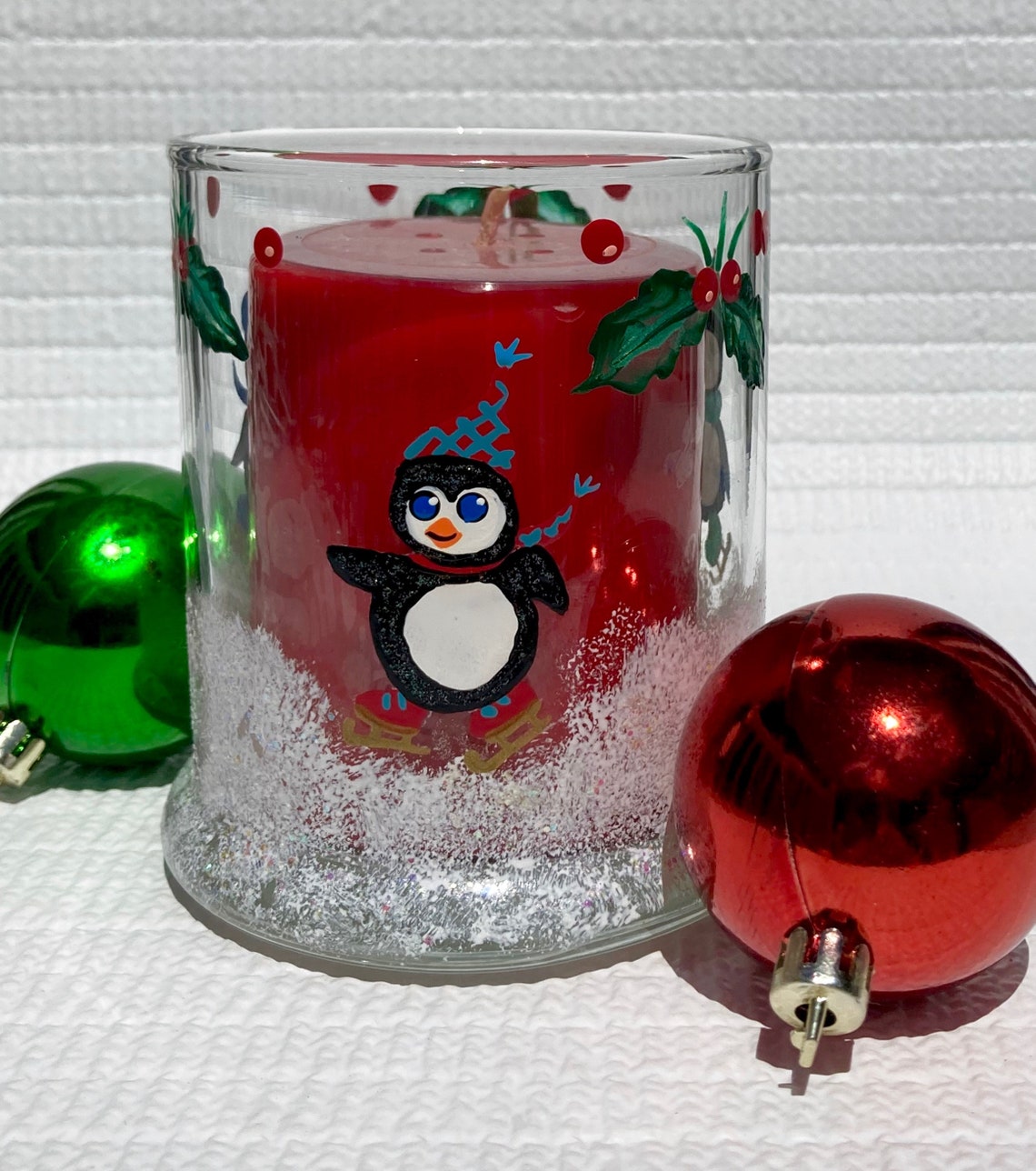Christmas Candle Holder Hand Painted Penguins With Skates, Christmas ...