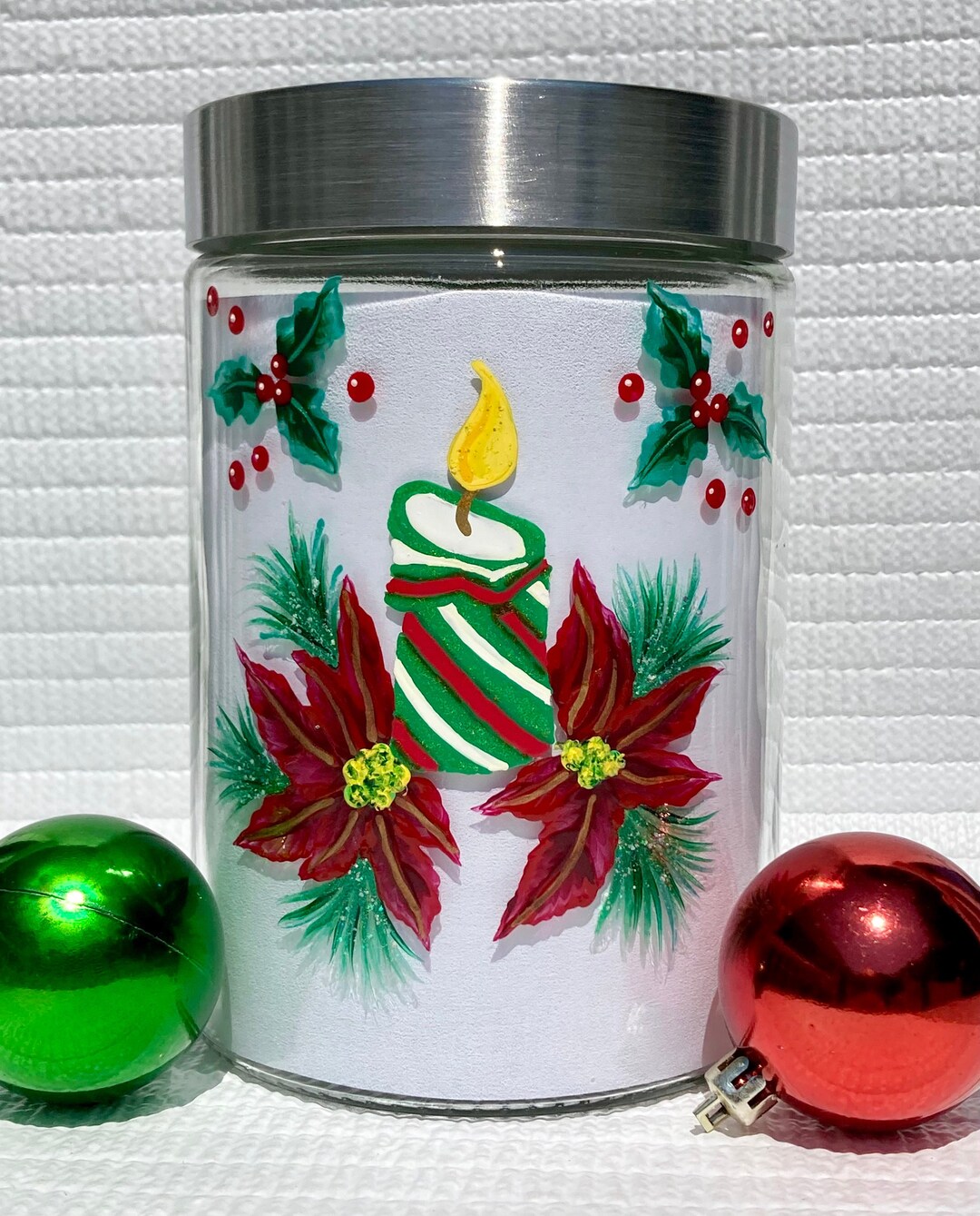 Christmas Canister Cookie Jar Hand Painted Candle With Poinsettias ...