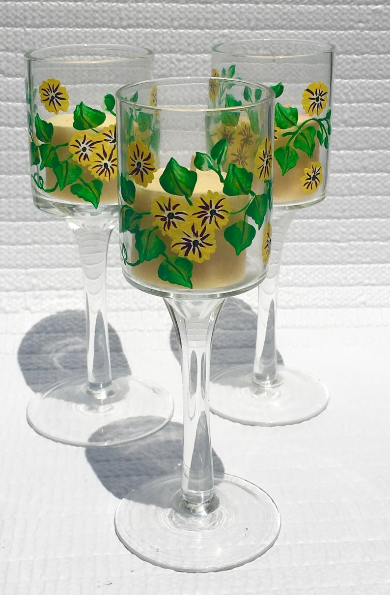 Candle Holders Hand Painted Yellow Flowers Set of 3 Home - Etsy