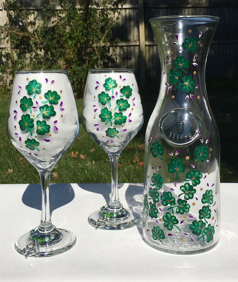Carafe and Two Wine Glasses Hand Painted Shamrocks and Purple | Etsy