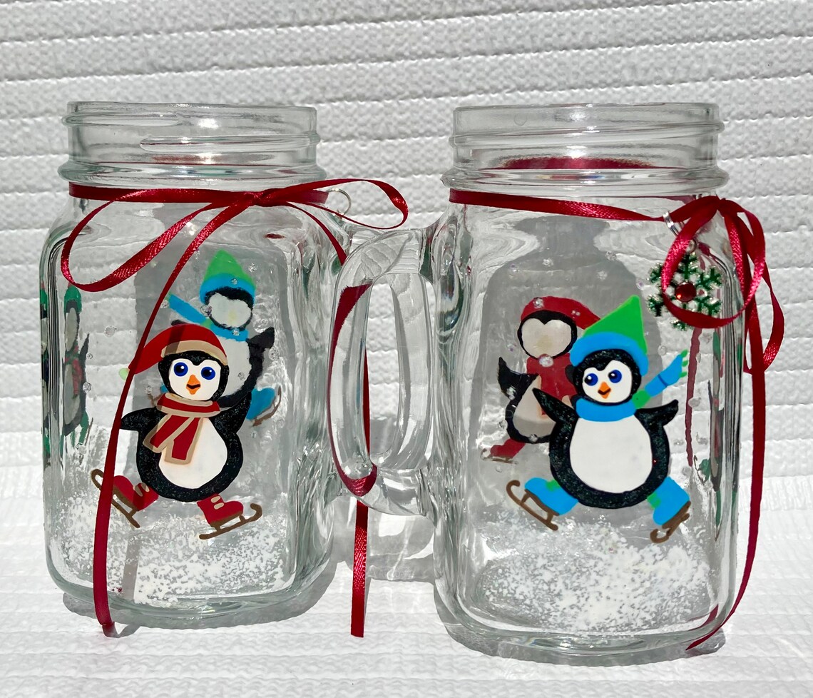 Christmas Mason Jar Mugs Hand Painted Penguins Skating in the - Etsy