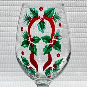 Christmas Wine Glasses Hand Painted Holly and Red Ribbons Set of 2 ...