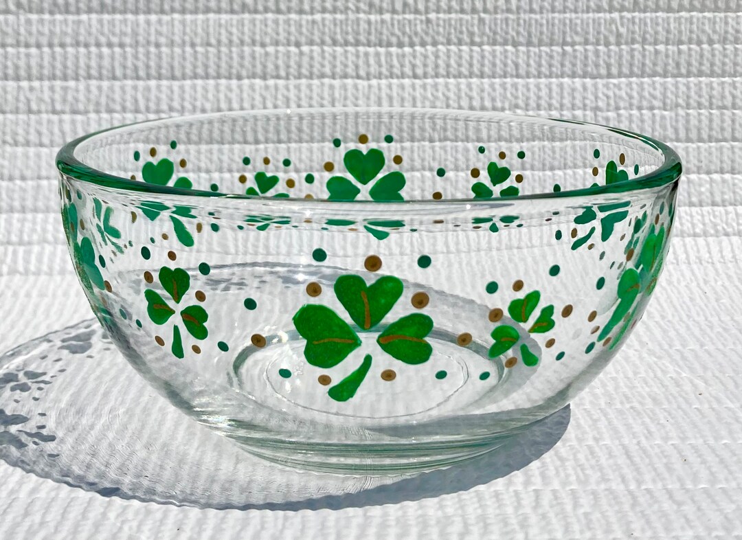 Glass Bowl Hand Painted Green Shamrocks and Gold Coins, St Patricks Day ...