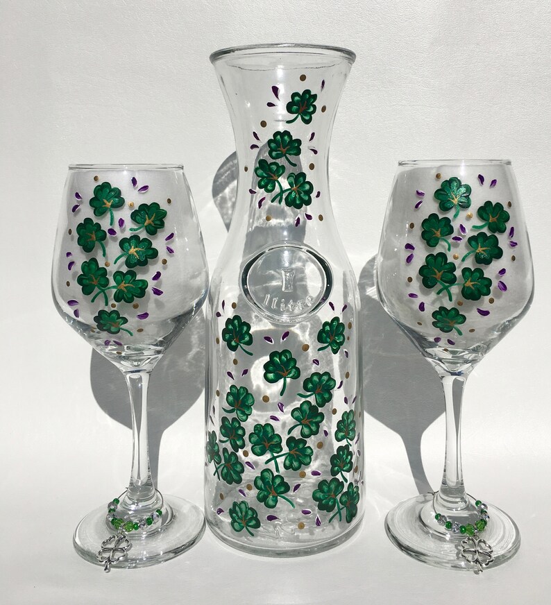 Carafe and Two Wine Glasses Hand Painted Shamrocks and Purple | Etsy