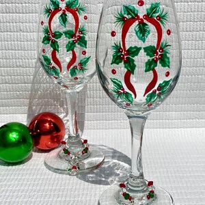 Christmas Wine Glasses Hand Painted Holly and Red Ribbons Set of 2 ...