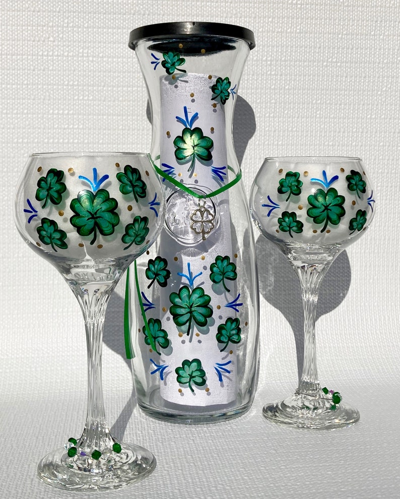 Carafe and Wine Glasses Hand Painted Emerald Green Shamrocks - Etsy