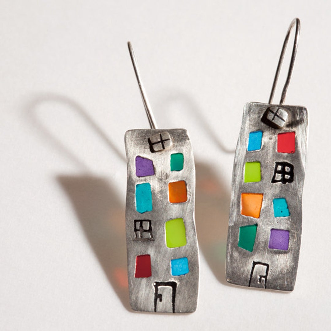 Women Dangles Earrings, Hand Painted Silver Dangles, Artistic Silver ...