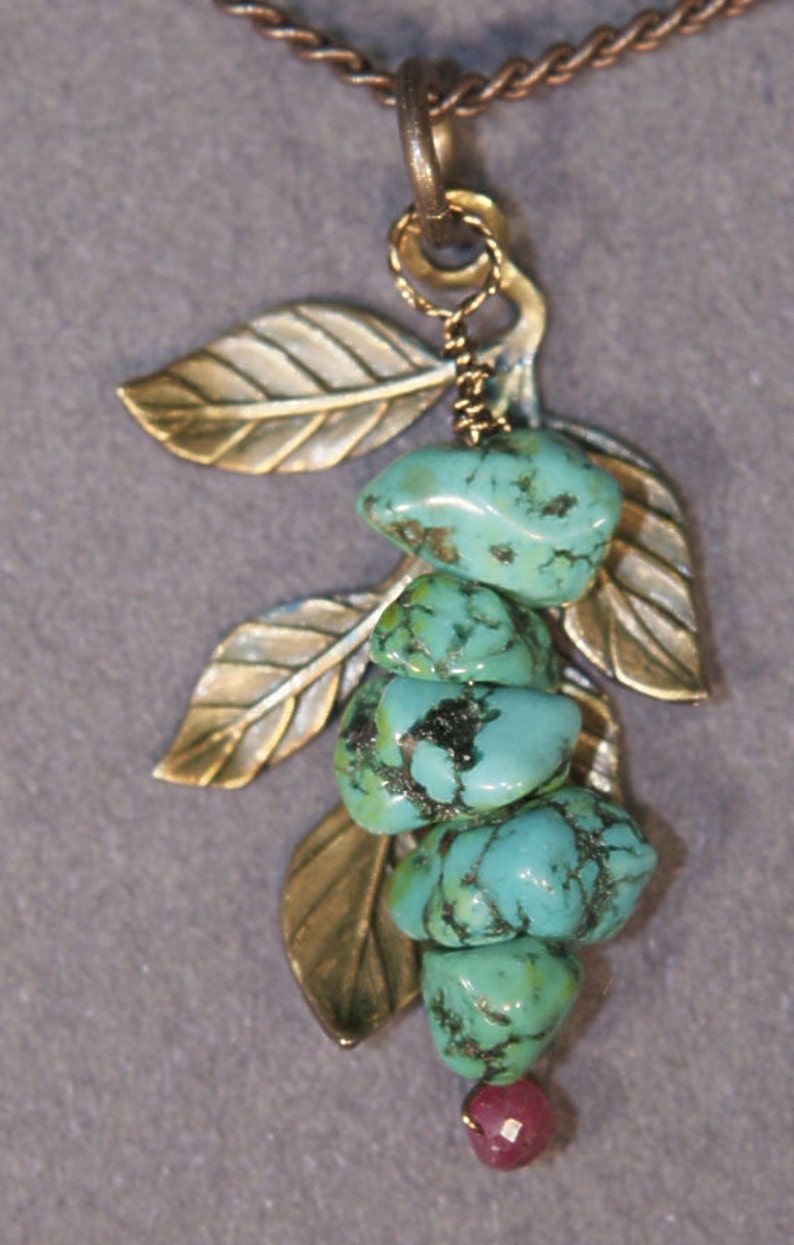 Turquoise, Ruby Leaves Necklace - Etsy