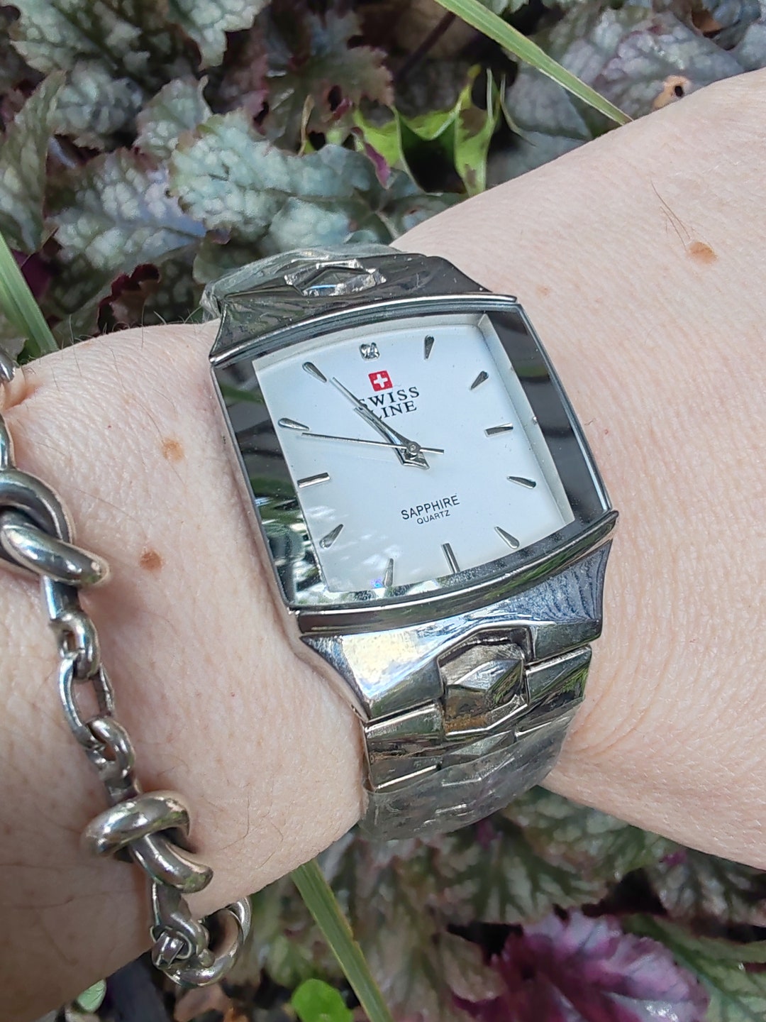 Vintage Silver Colour Stainless Steel Rectangular Dial Swiss Line Mens ...