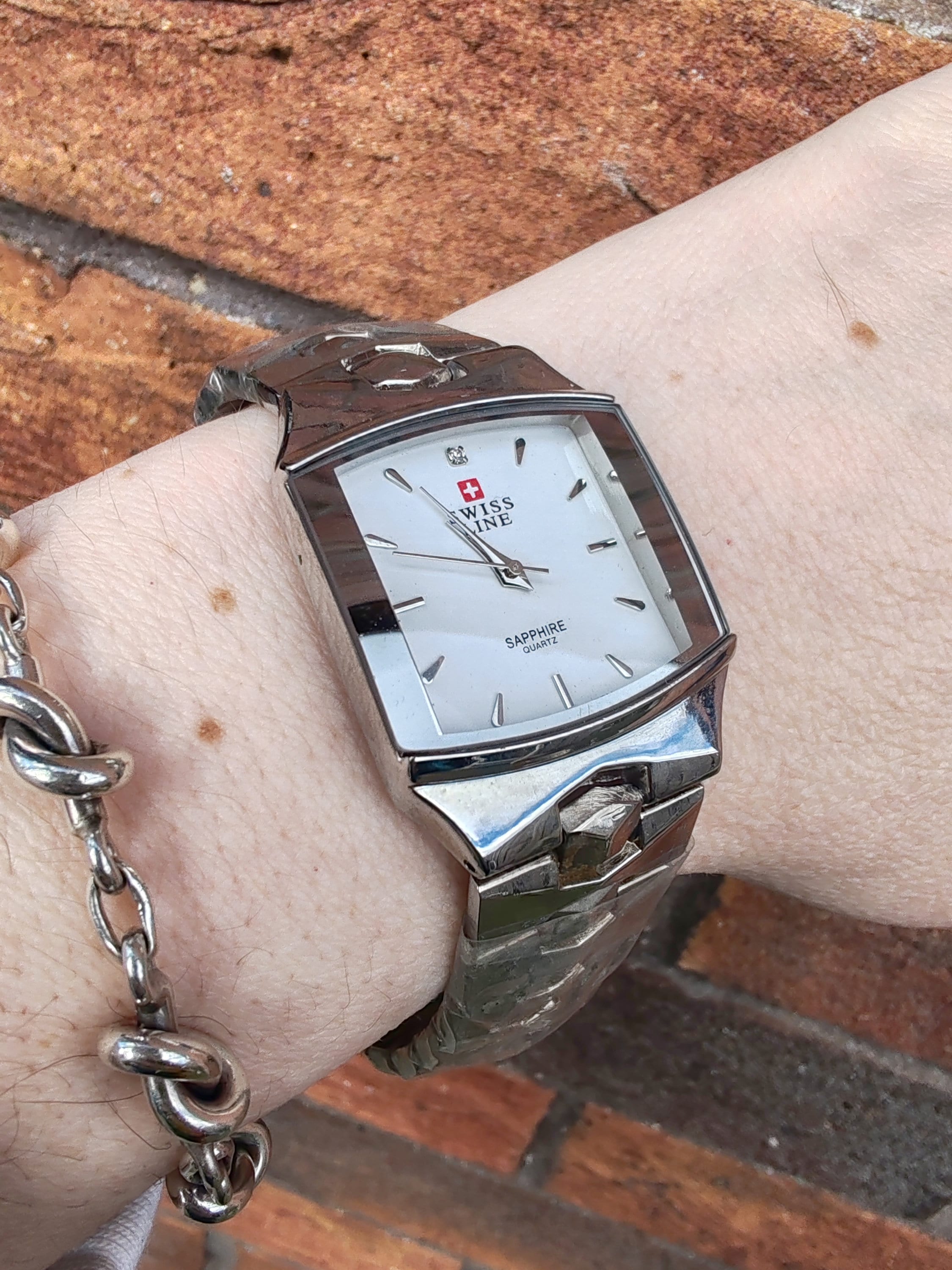 Vintage Silver Colour Stainless Steel Rectangular Dial Swiss Line Mens ...