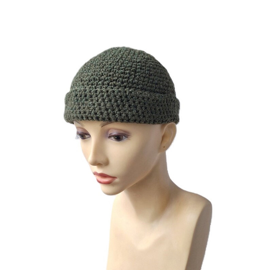Men's Wool Docker Cap, Olive Green Crochet Watch Hat, Dock Beanie ...