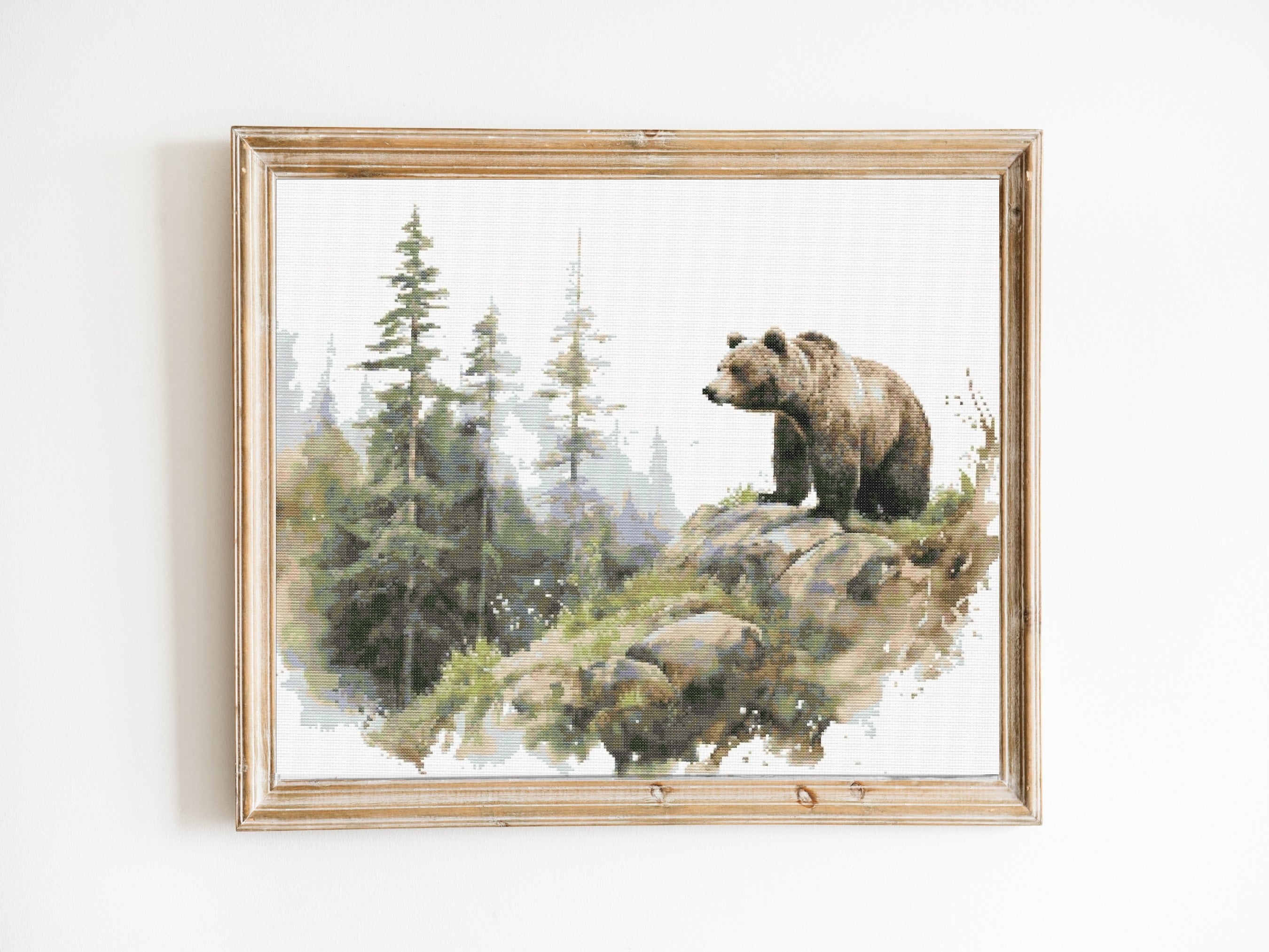 Bear in a Mountain Pine Forest Cross Stitch Sewing Embroidery Pattern ...