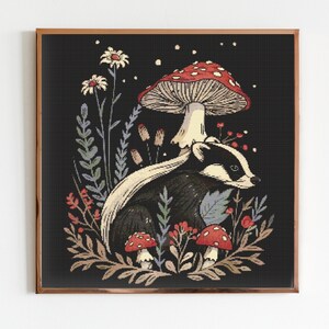 Badger Mushrooms Cross Stitch Pattern Sewing Modern Embroidery Dark X ...