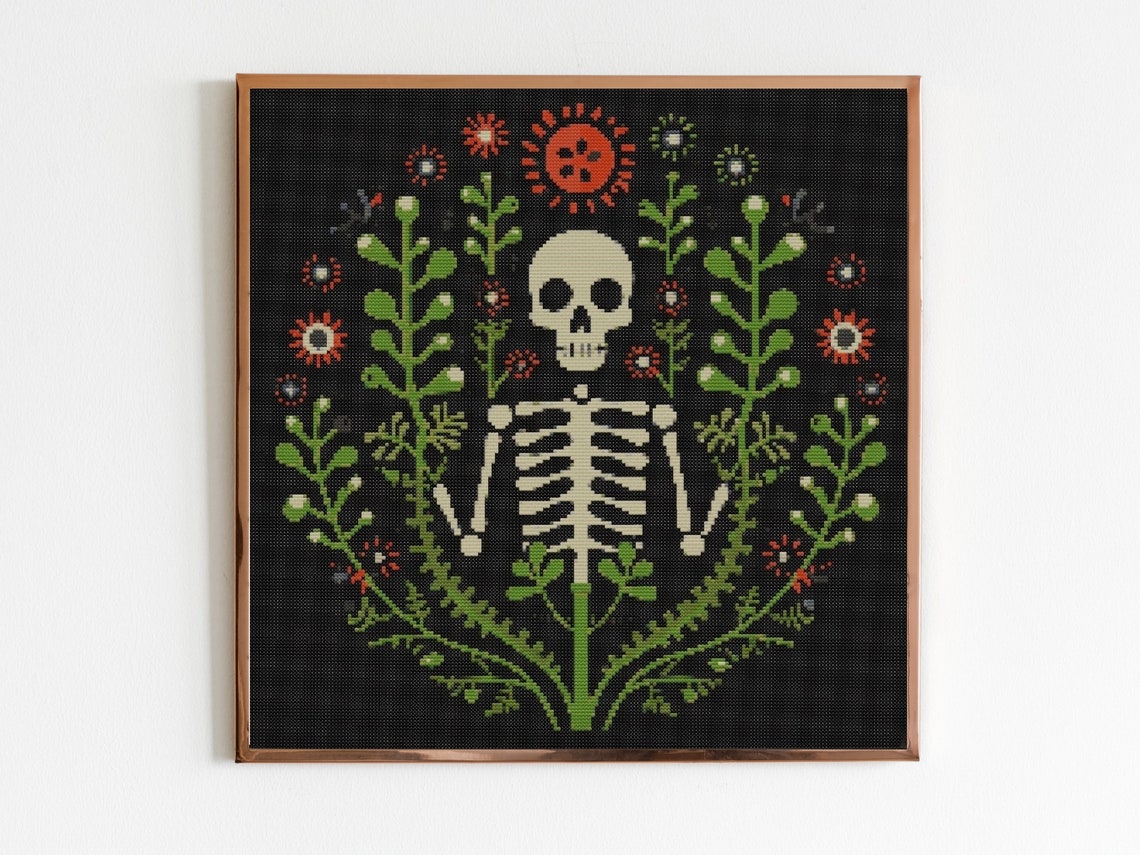 Spooky Botanical Skeleton Cross Stitch Pattern Sewing Modern Embroidery ...