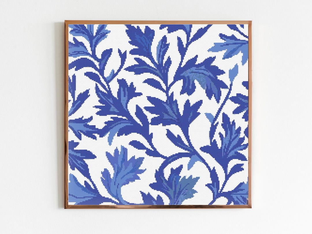 William Morris Style Blue Botanical Cross Stitch Sewing Modern ...