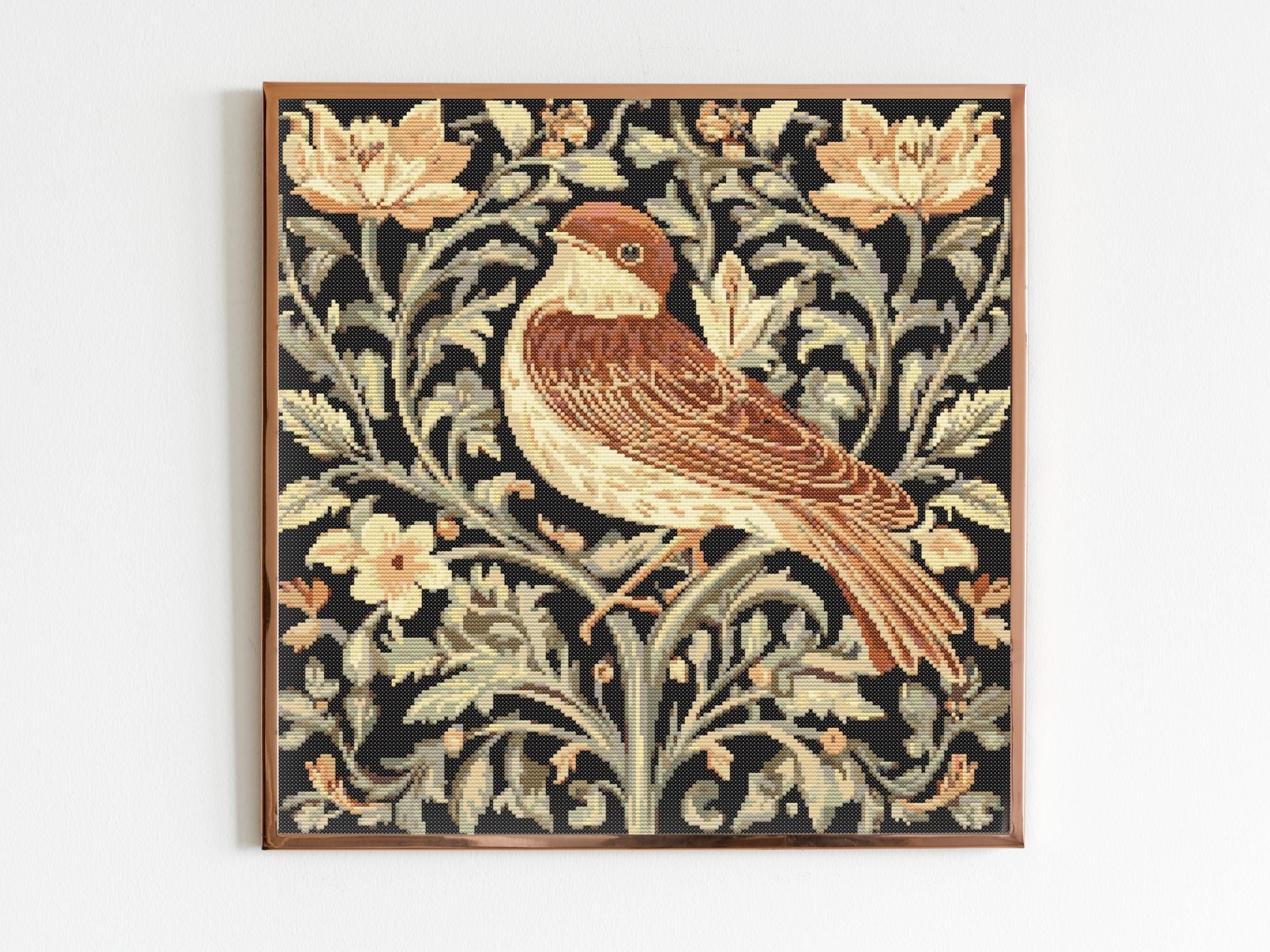 William Morris Style Sparrow and Botanicals Cross Stitch Sewing Modern ...