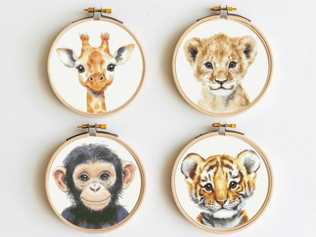 4 Animal Cross Stitch Patterns Wildlife Jungle Chimpanzee Tiger Giraffe ...