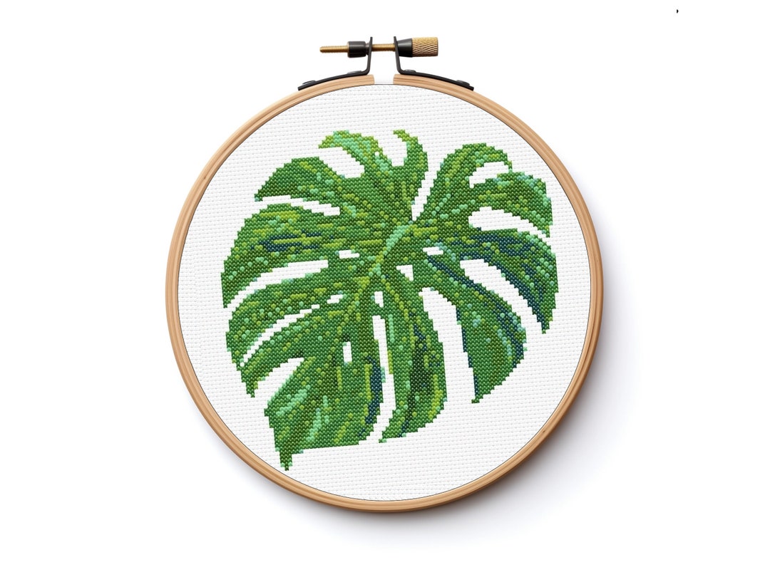 Monstera Leaf Botanical Cross Stitch Sewing Modern Embroidery Pattern ...