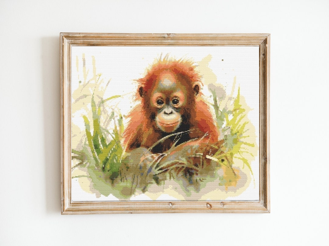 Baby Orangutan in a Jungle Clearing Cross Stitch Sewing Embroidery ...