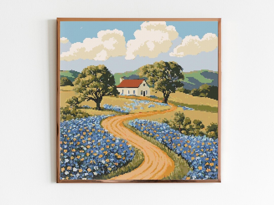 Blue Country Cottage Cross Stitch Sewing Embroidery Pattern X-stitch ...