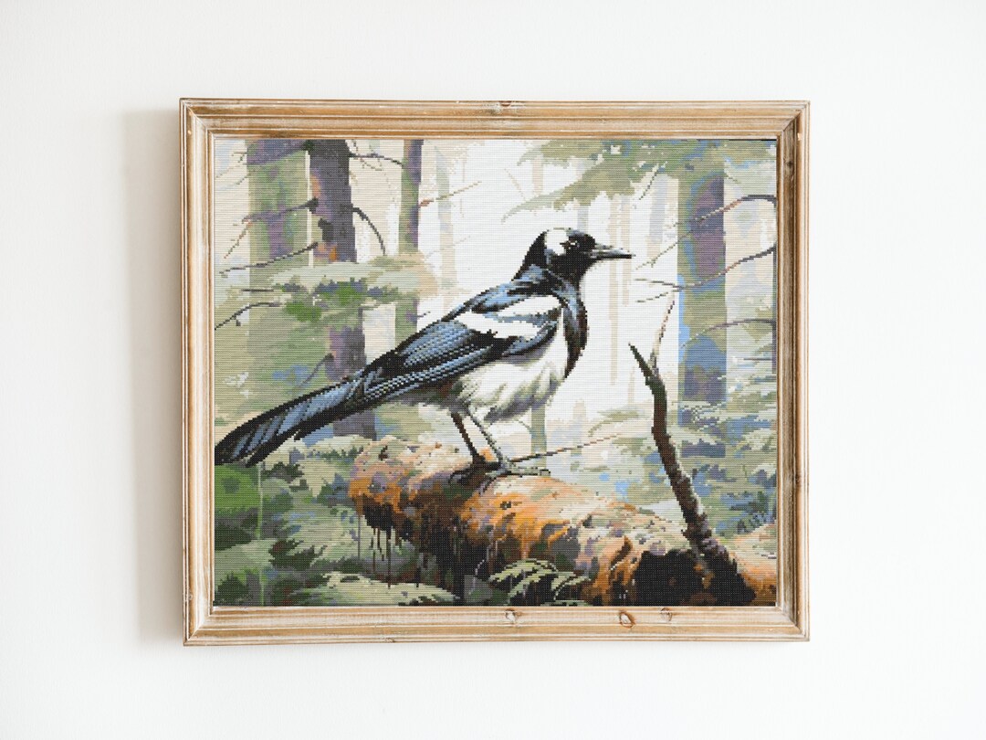 Magpie in a Woodland Clearing Bird Cross Stitch Sewing Embroidery ...