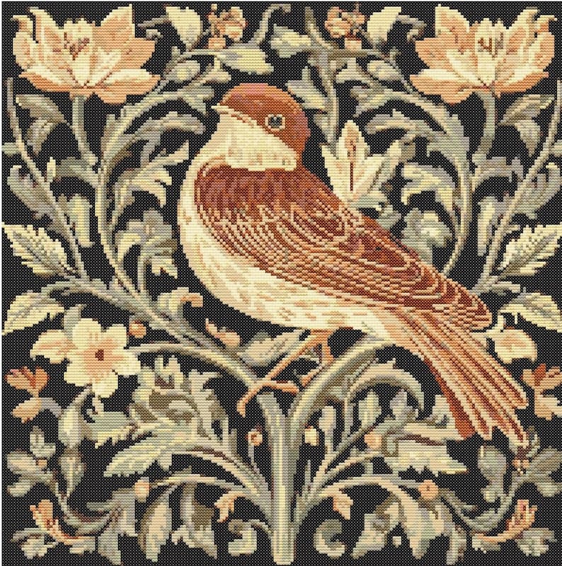 William Morris Style Sparrow and Botanicals Cross Stitch Sewing Modern ...