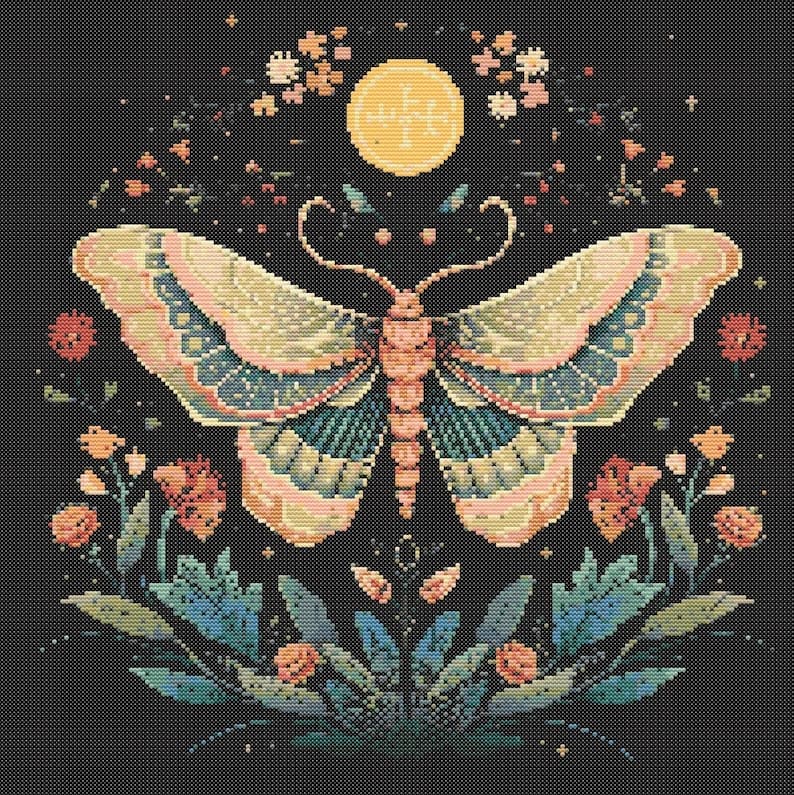 Lunar Moth Botanical Cross Stitch Pattern Sewing Modern Embroidery ...