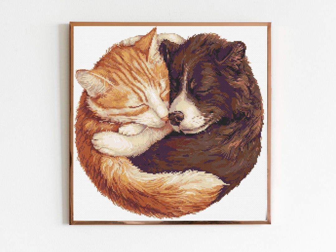 Cuddling Cat and Pup Cross Stitch Sewing Modern Embroidery Pattern ...