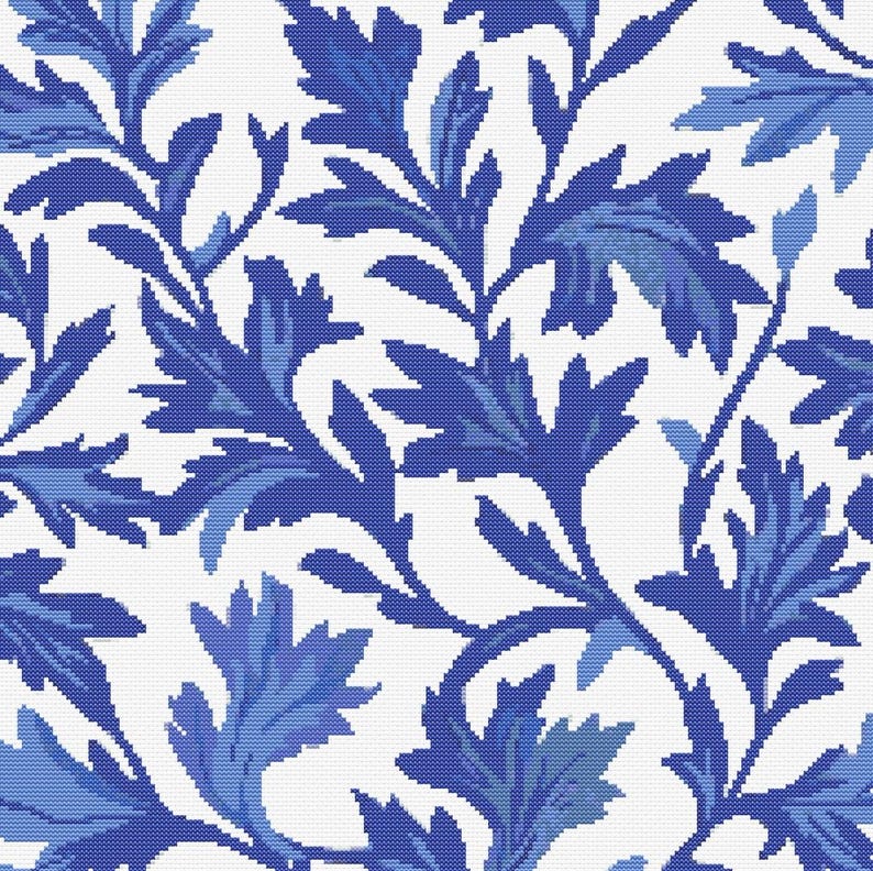 William Morris Style Blue Botanical Cross Stitch Sewing Modern ...