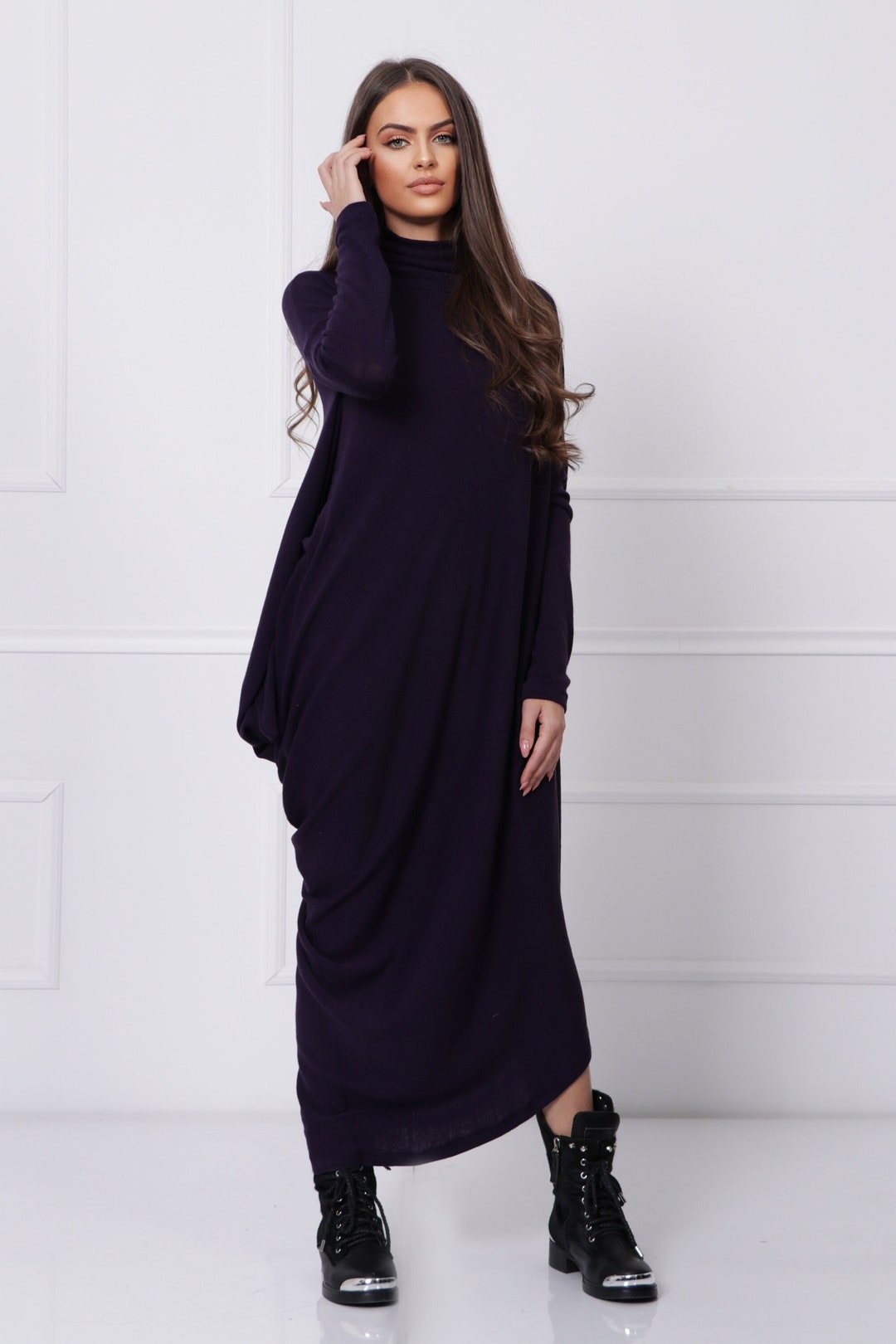 Dark Purple Asymmetrical Dress: Oversized Long Sleeve Cozy Knit - Etsy