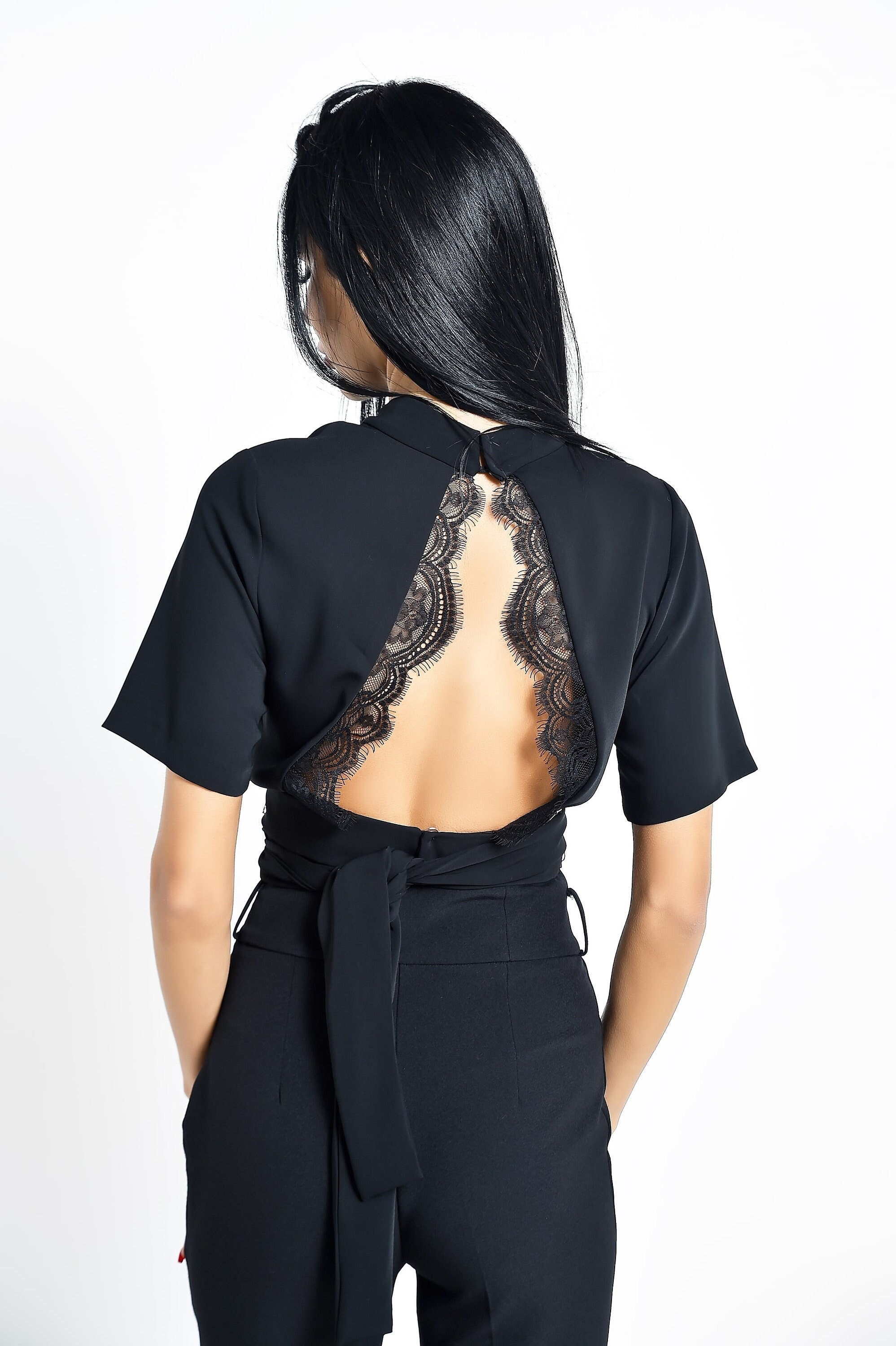 Black Formal Open Back Top With Belts/ Elegant Top With Lace/ Designer ...