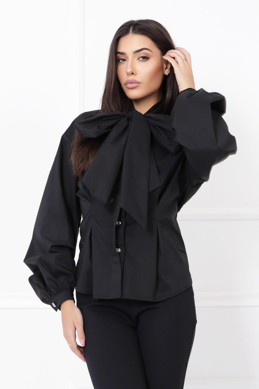 Black Bow Blouse – Elegant Puff Sleeve Shirt for Women – Statement Neck ...