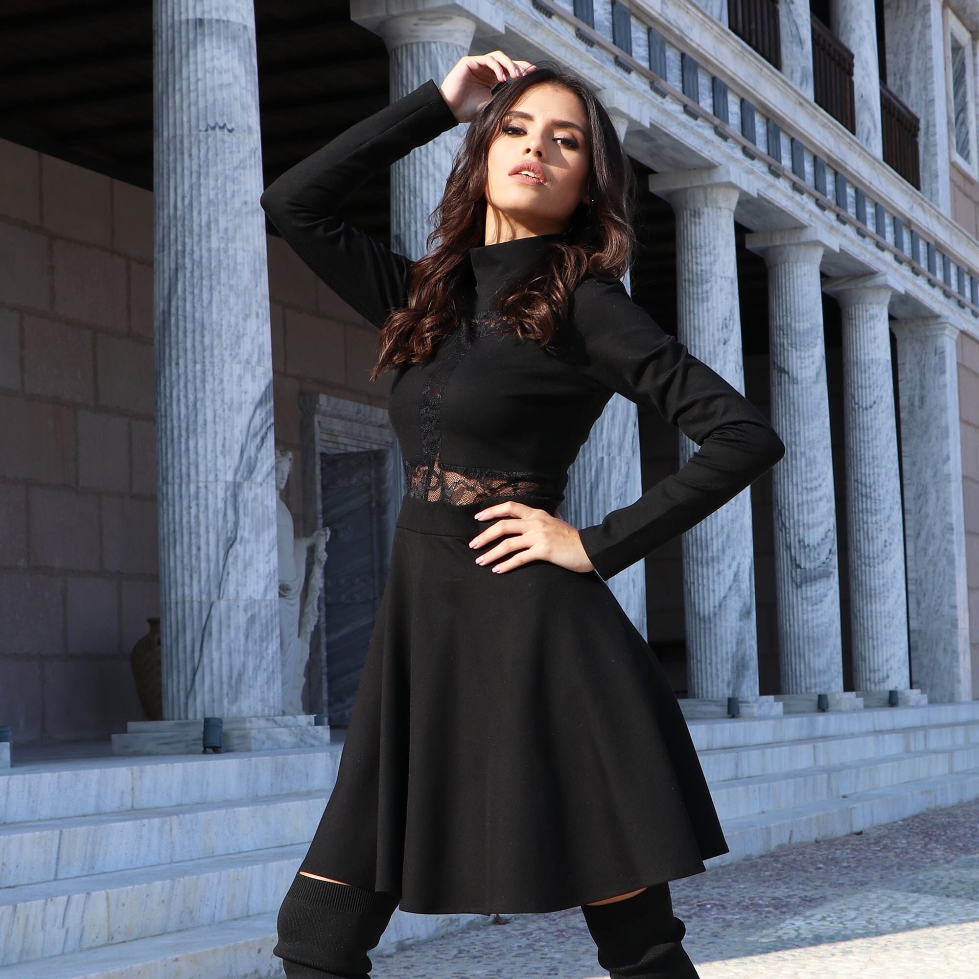 Black Mini Dress Long Sleeve Black Dress Turtleneck Dress With Lace ...