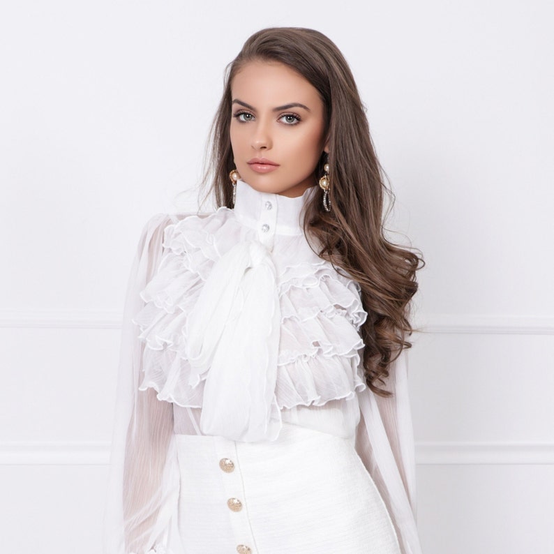 Victorian Shirt, White Ruffle Blouse, High Neck Top, Womens Clothing ...