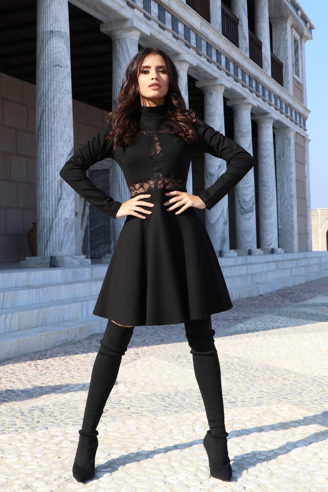 Black Mini Dress Long Sleeve Black Dress Turtleneck Dress With Lace ...