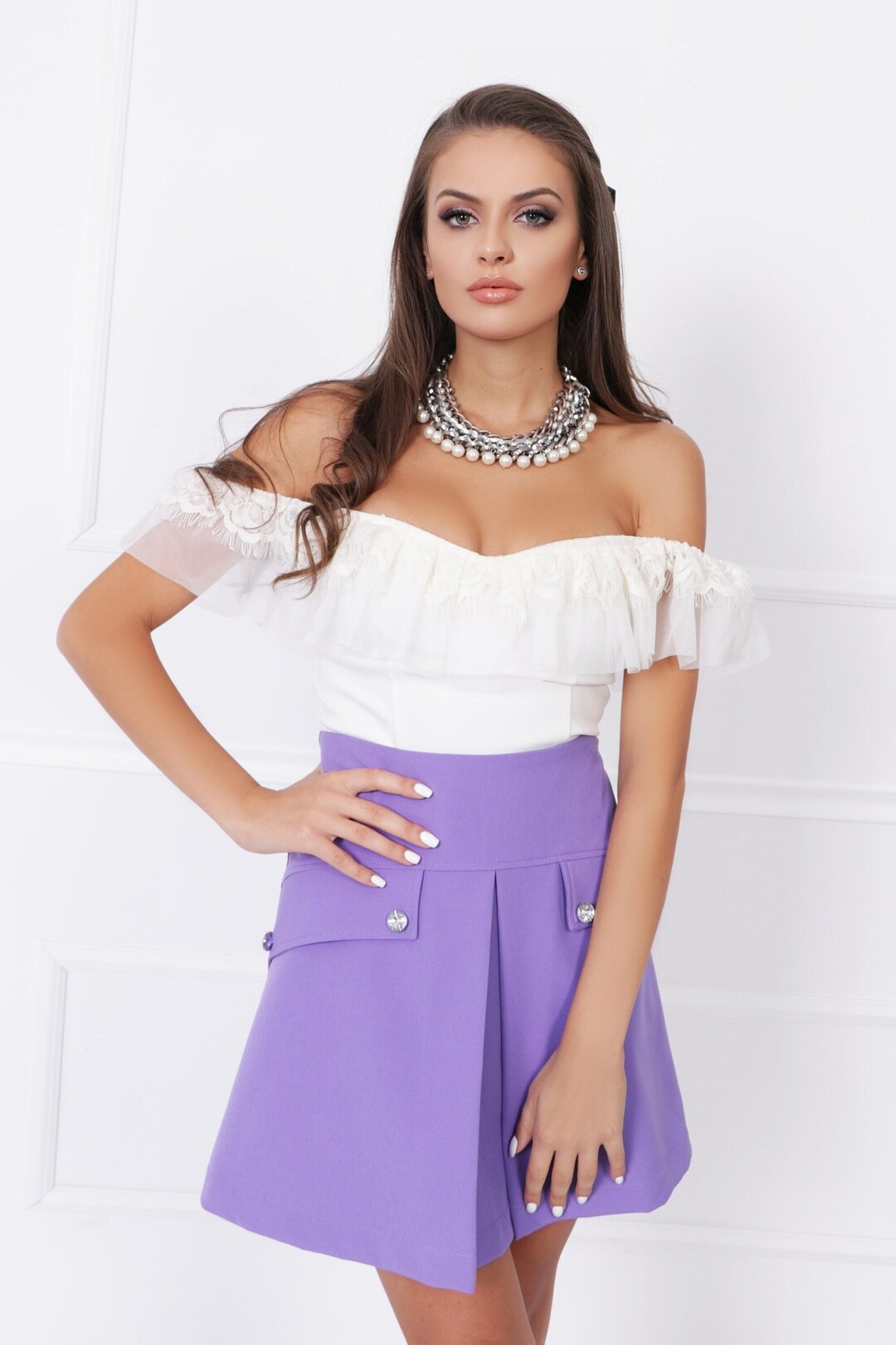 Off-the-shoulder White Blouse: Chiffon Lace Ruffle Neckline, Formal Top ...