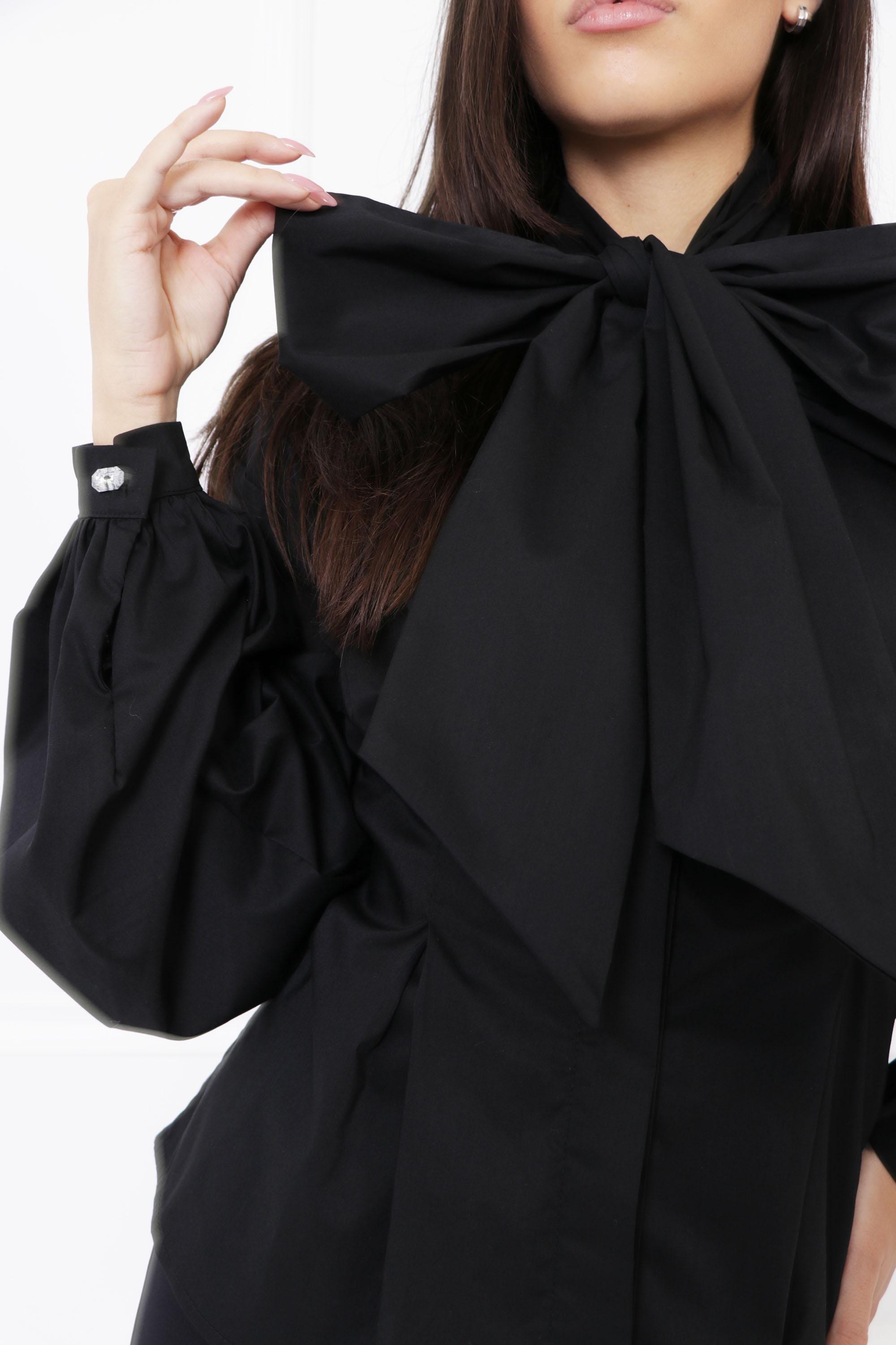 Black Bow Blouse – Elegant Puff Sleeve Shirt for Women – Statement Neck ...