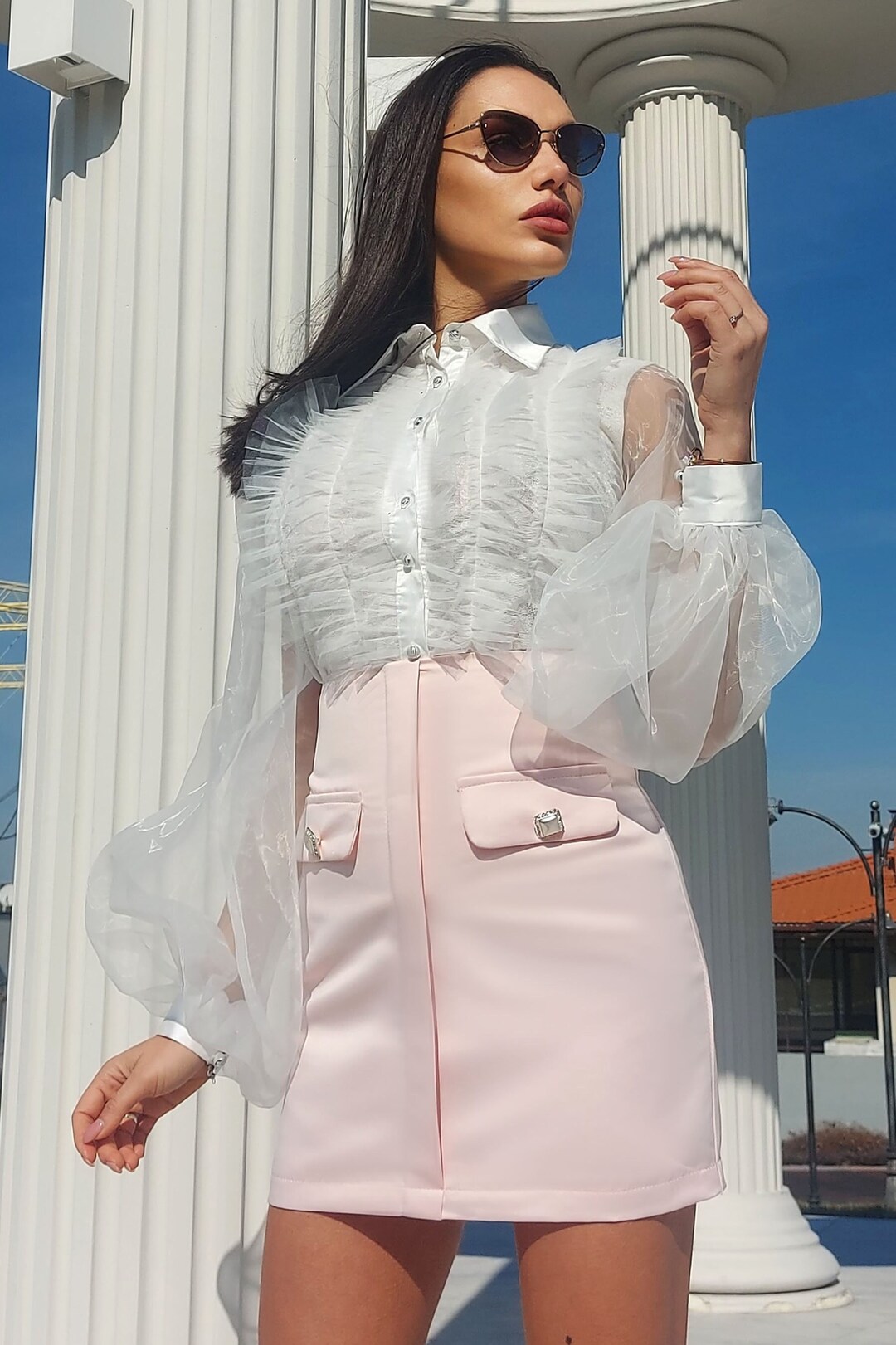 White Extravagant Blouse With Balloon Sheer Long Sleeves by Caramella ...