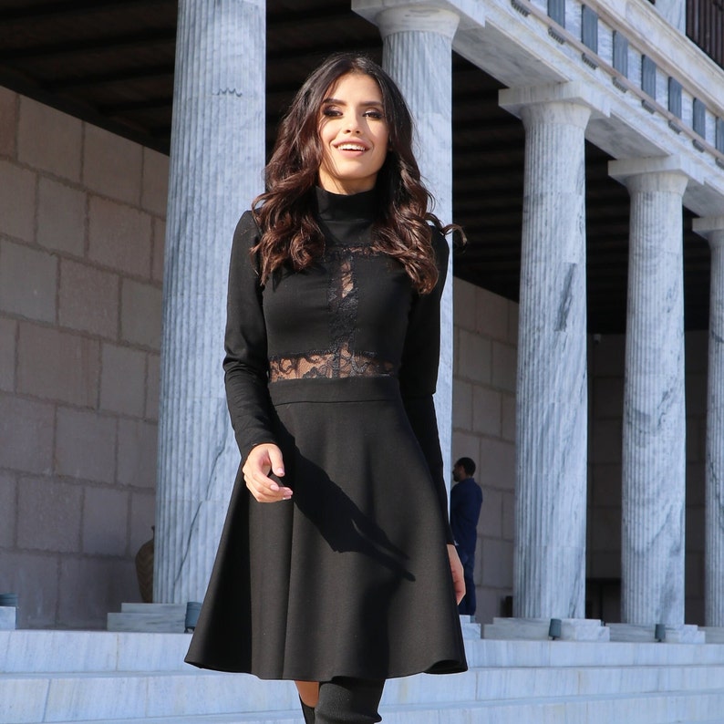 Black Mini Dress Long Sleeve Black Dress Turtleneck Dress With Lace ...